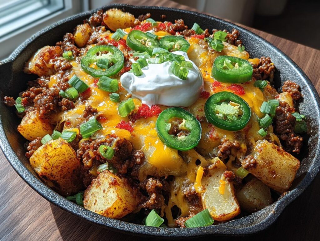 Irresistible 4-Ingredient Chili Cheese Potato Skillet Recipe